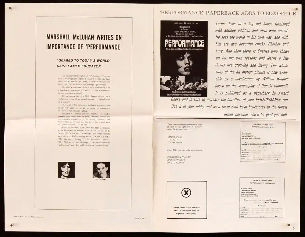 Performance Movie Poster 1970 Pressbook